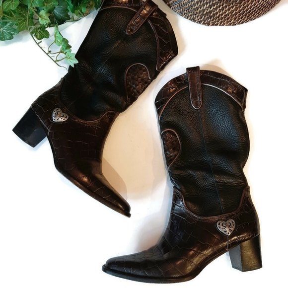 Brighton | Shoes | Brighton Rich Brown Leather Embossed Heeled Tall ...